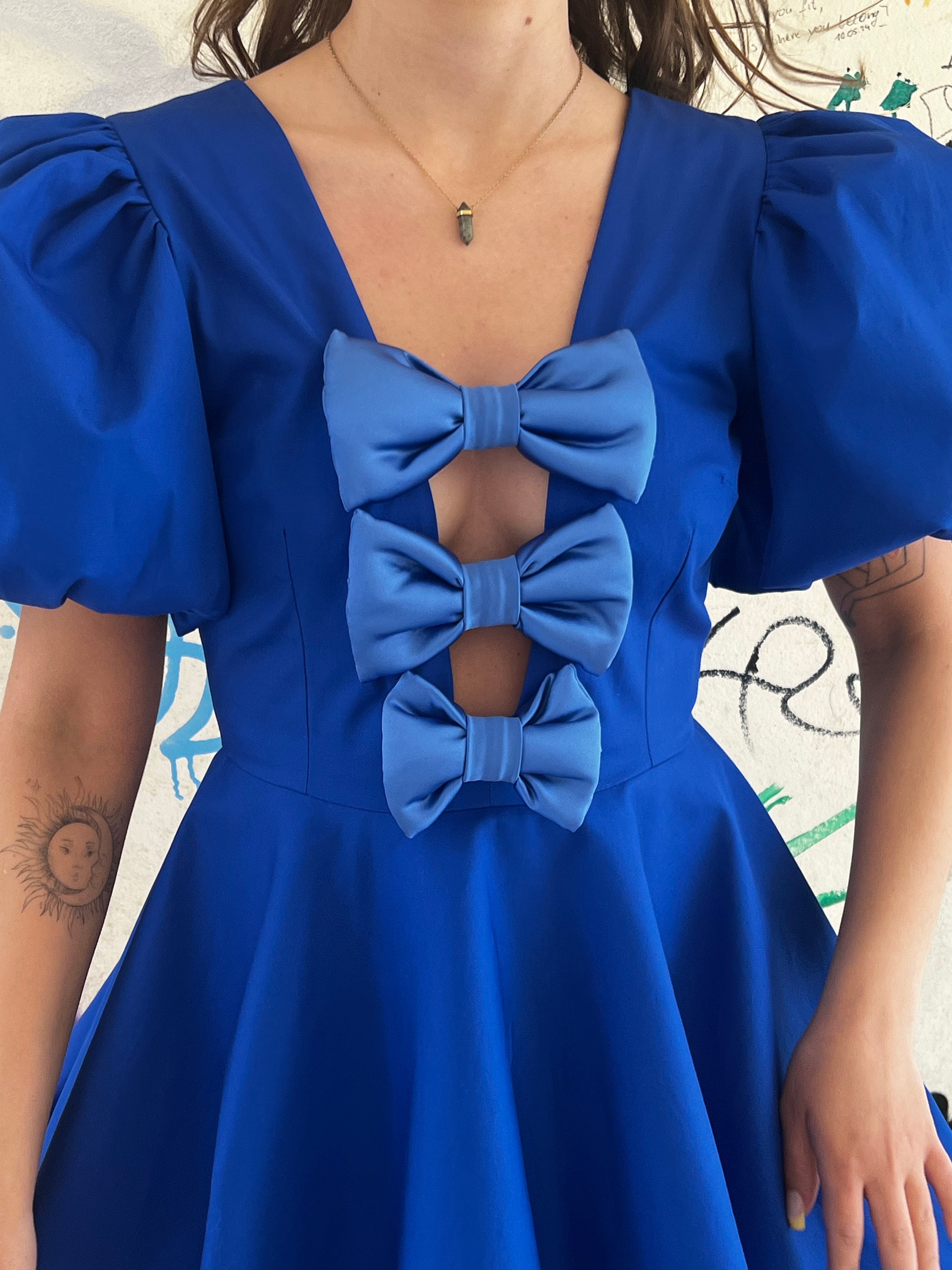 Blue Balloon Cotton Dress , Dress With Bows, Bow Dress, Cobalt Dress ...