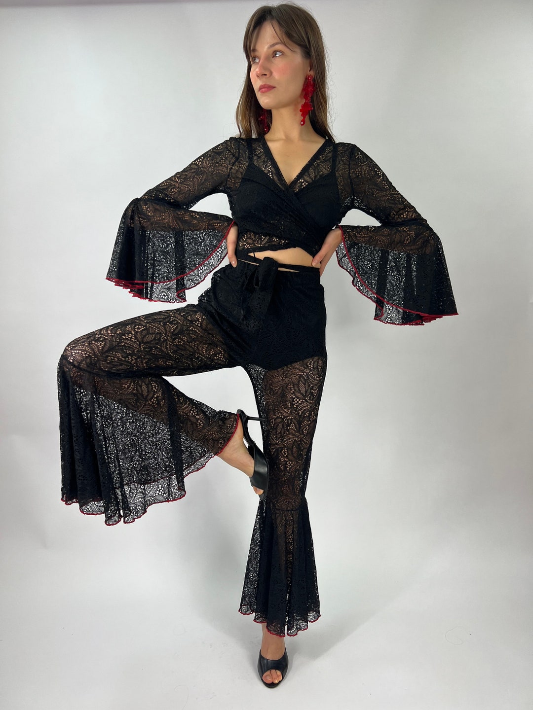 Elegant Womens Set Black Lace Set Black Top Lace Blouse Black Lace ...