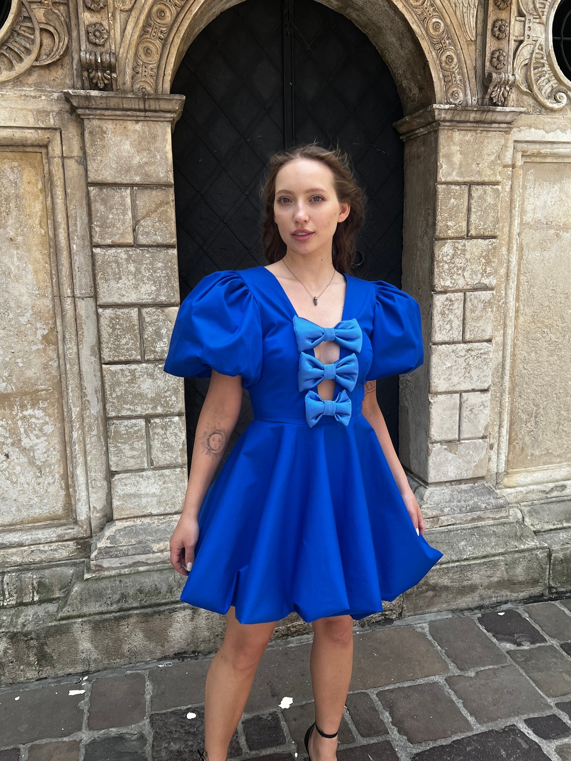 Blue Balloon Cotton Dress , Dress With Bows, Bow Dress, Cobalt Dress ...