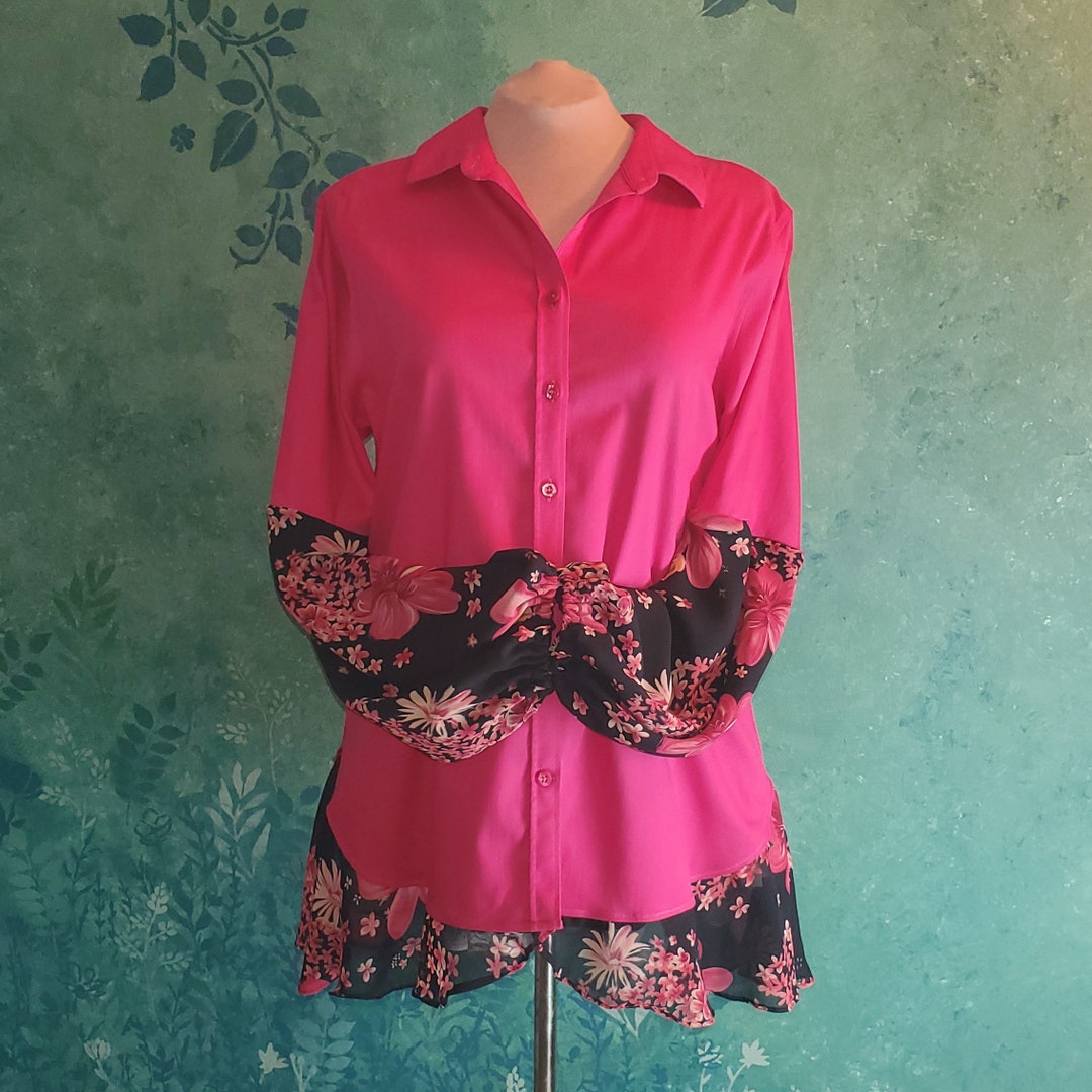 Women's Blouse Black Pink Upcycled Button up Shirt Full Sleeves Plus - Etsy