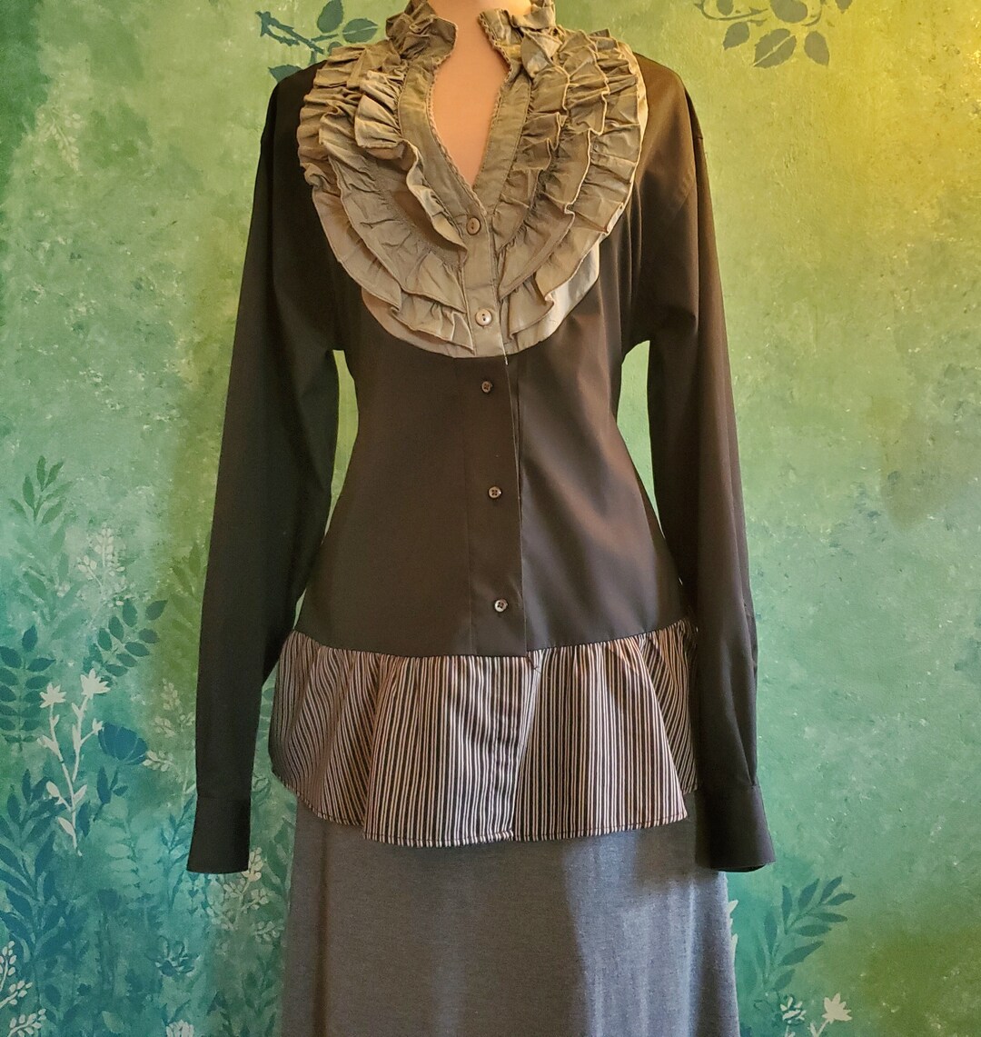 Black Gray Ruffled Blouse Stripes Button Down Tie Back Goth Shirt - Etsy