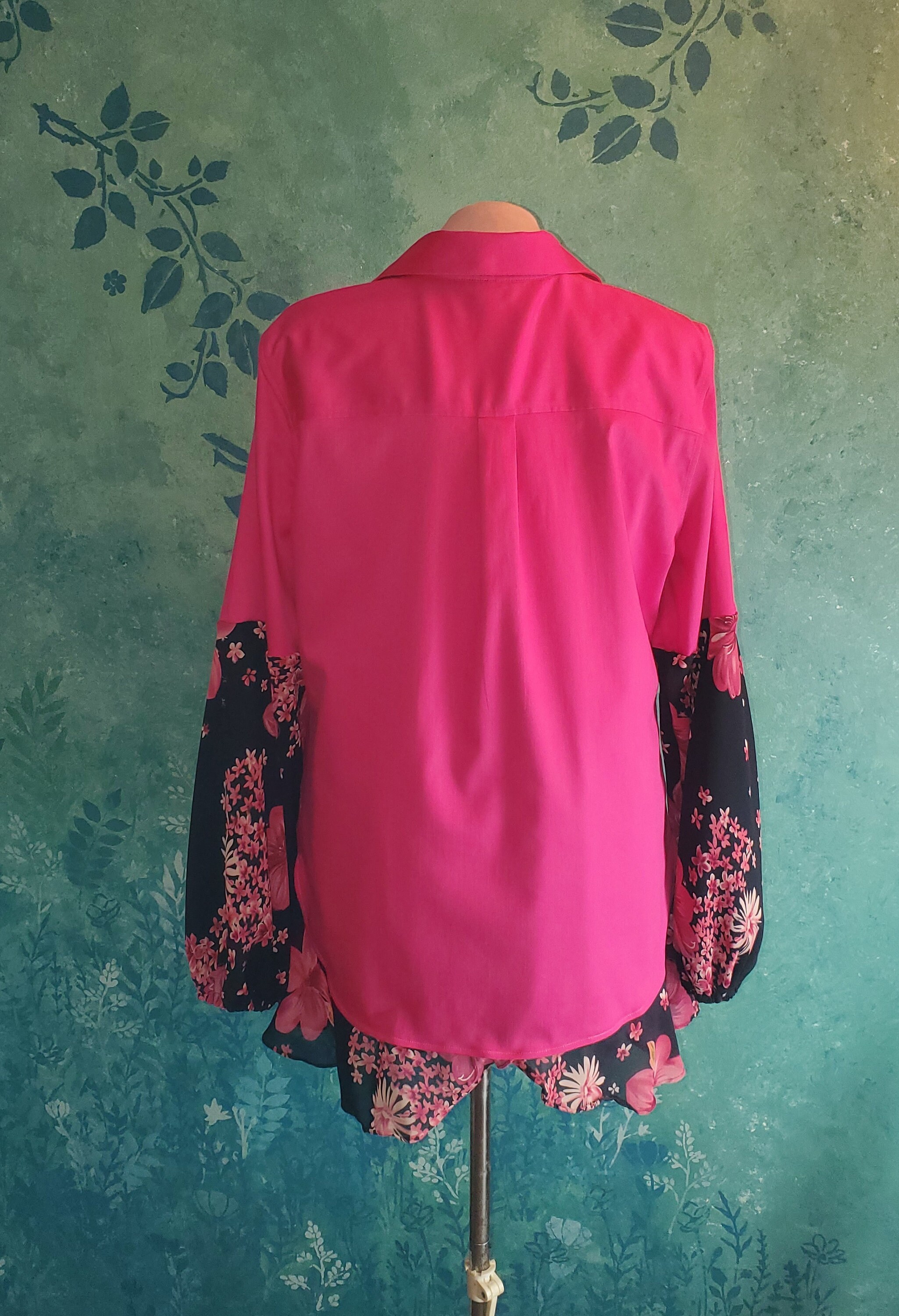 Women's Blouse Black Pink Upcycled Button up Shirt Full Sleeves Plus - Etsy