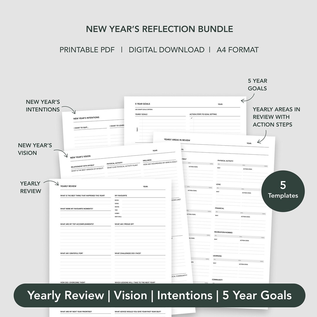 Yearly Review Printable Bundle, 5 Annual Reflection Templates, New ...
