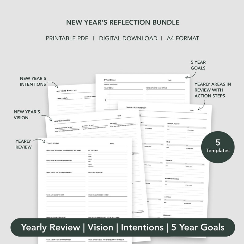 Yearly Review Printable Bundle, 5 Annual Reflection Templates, New ...