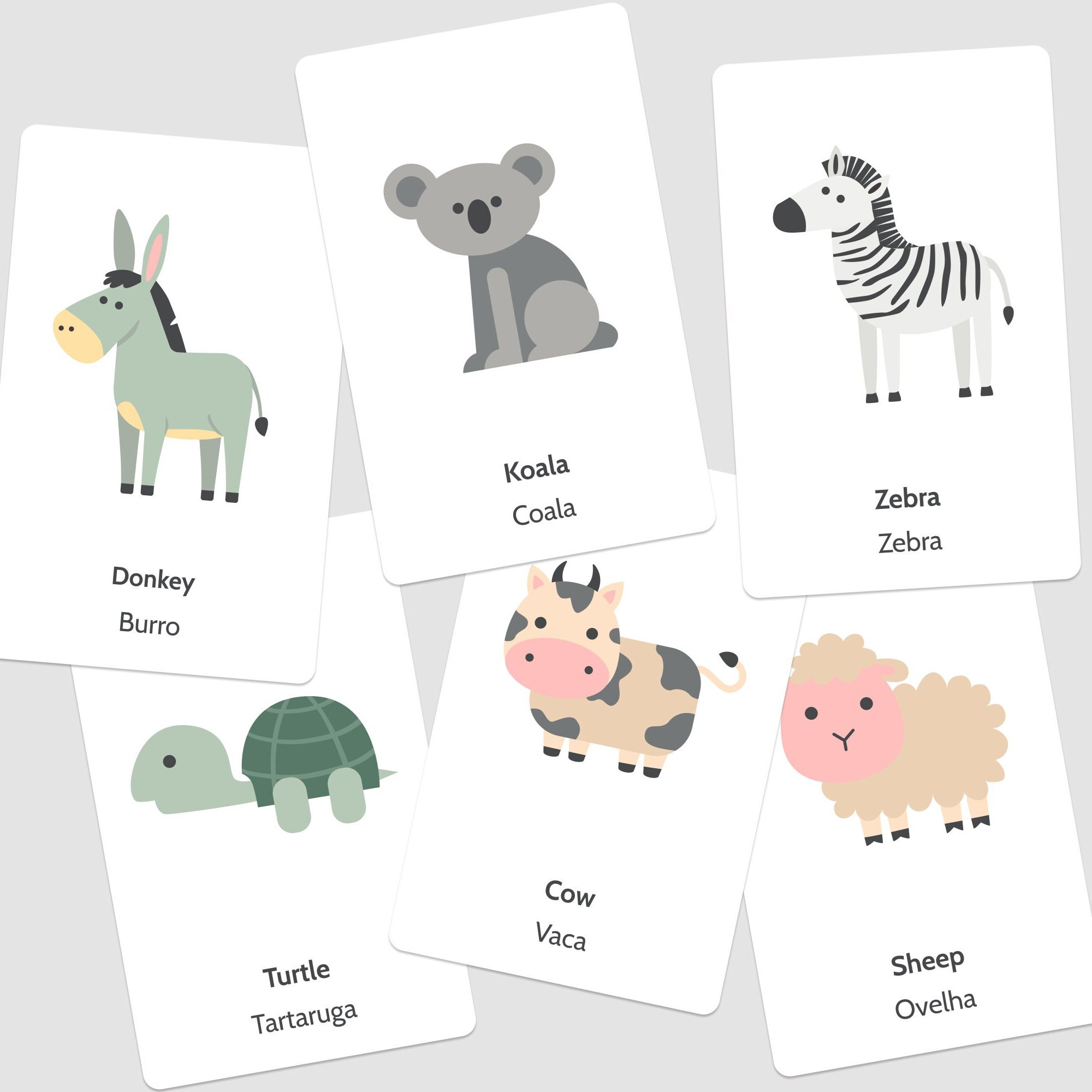 50 Bilingual Animals Vocabulary Flashcards, Pre-school Cards ...