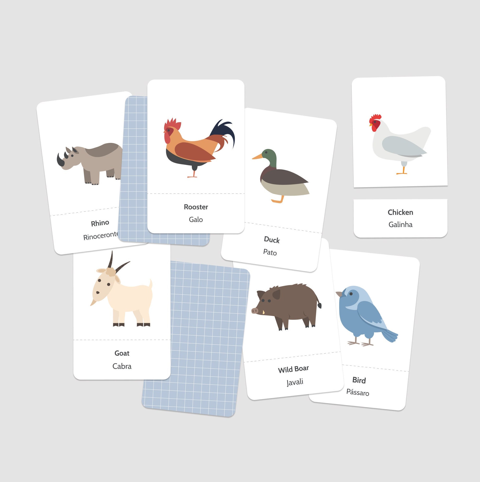 50 Bilingual Animals Vocabulary Flashcards, Pre-school Cards ...