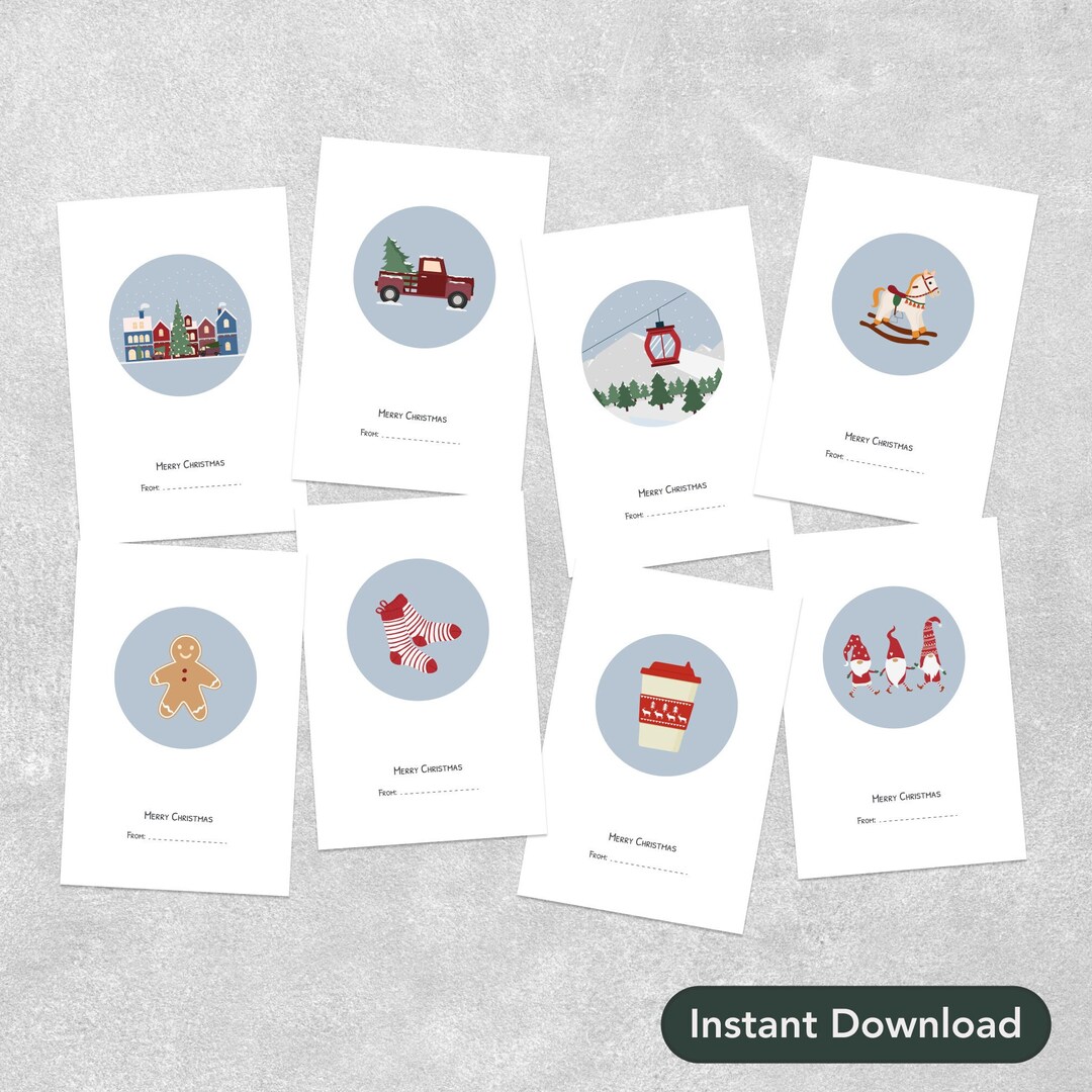 Set of 8 Printable Christmas Cards, Digital Download, Holiday Postcards ...