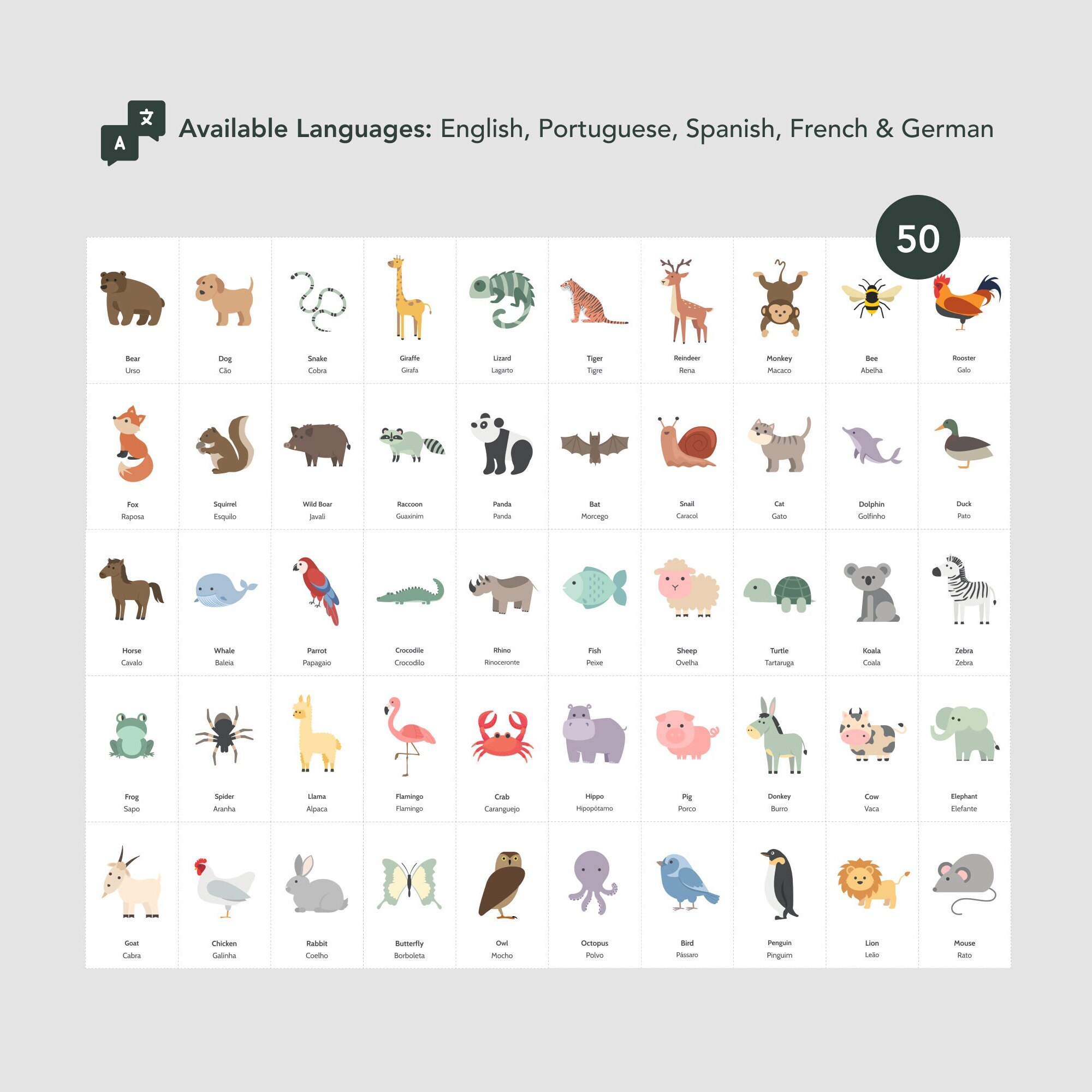 50 Bilingual Animals Vocabulary Flashcards, Pre-school Cards ...