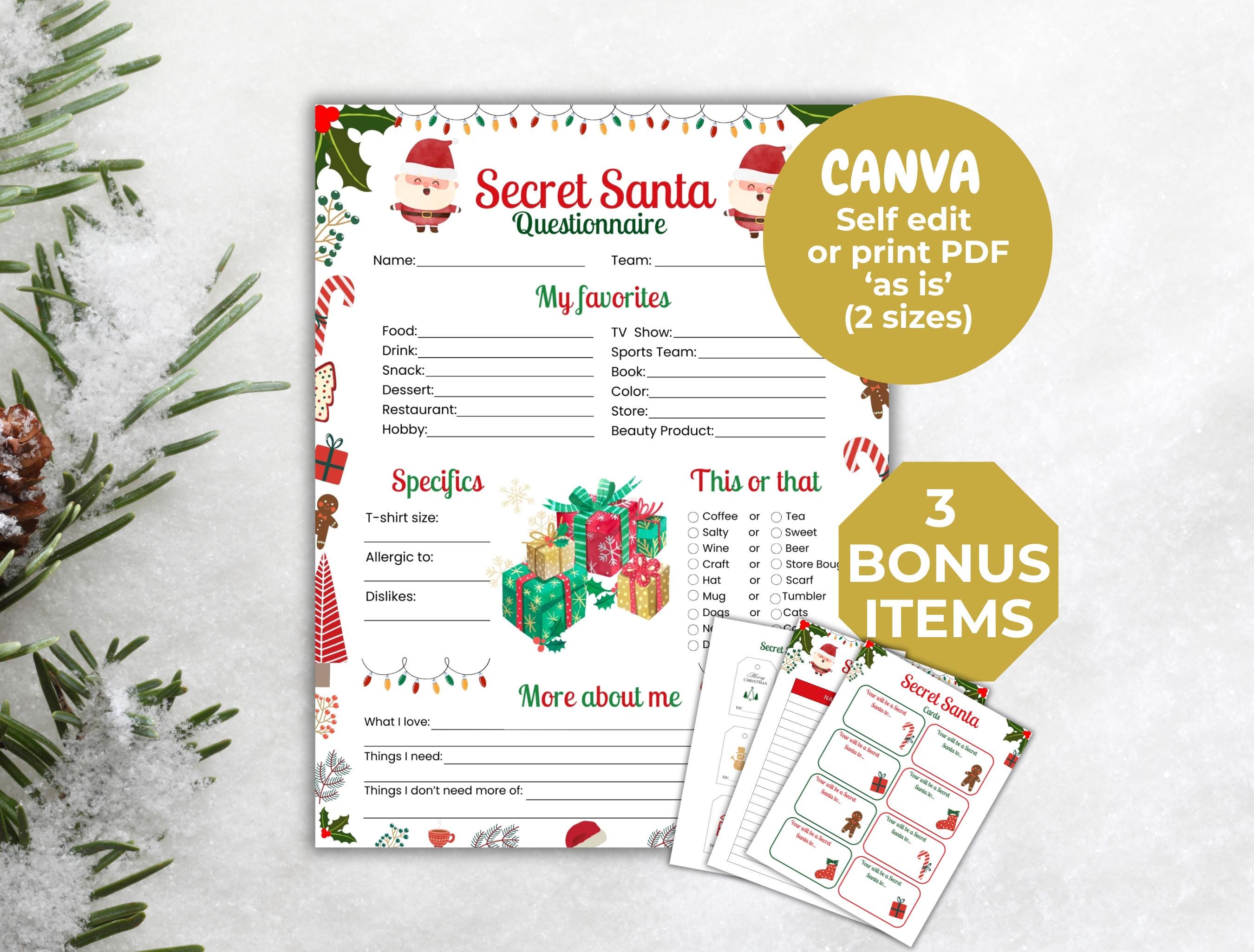Printable Secret Santa Gift Exchange Questionnaire for Christmas and ...
