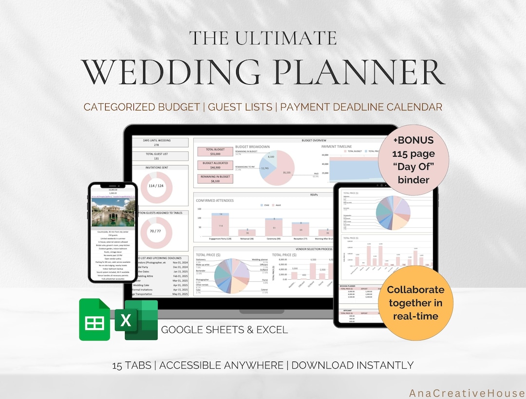 All-in-one Wedding Planner Spreadsheet, Wedding Budget Spreadsheet ...
