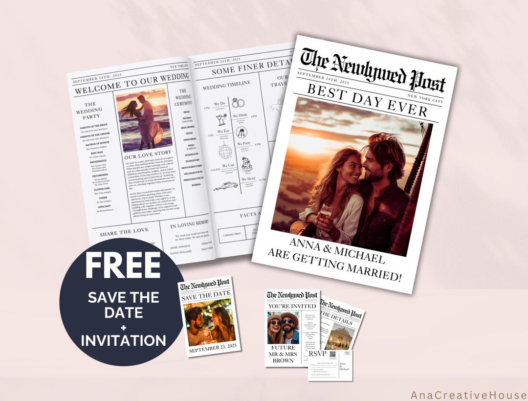 Custom Wedding Newspaper Template, Newspaper Wedding Program Template ...