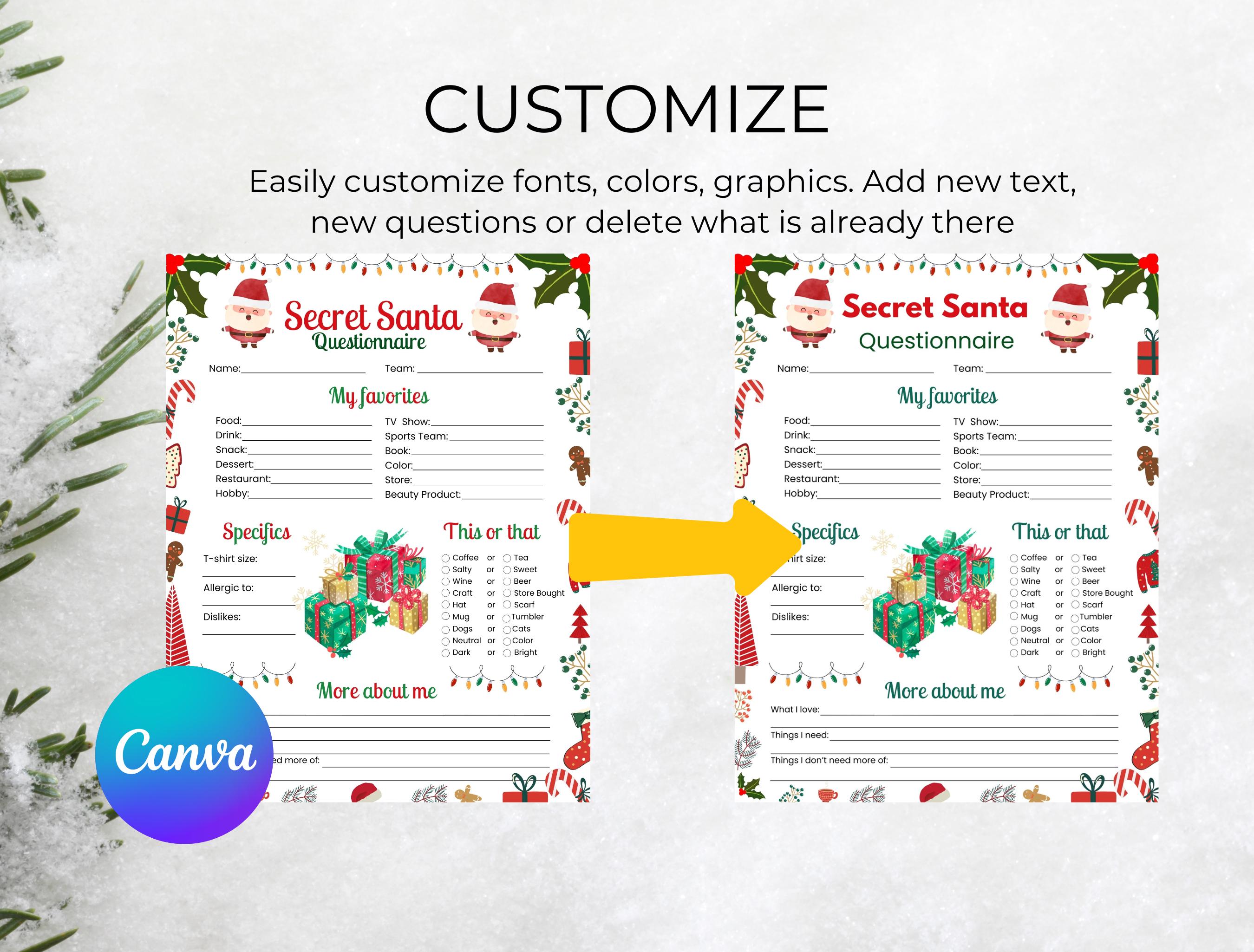 Printable Secret Santa Gift Exchange Questionnaire for Christmas and ...