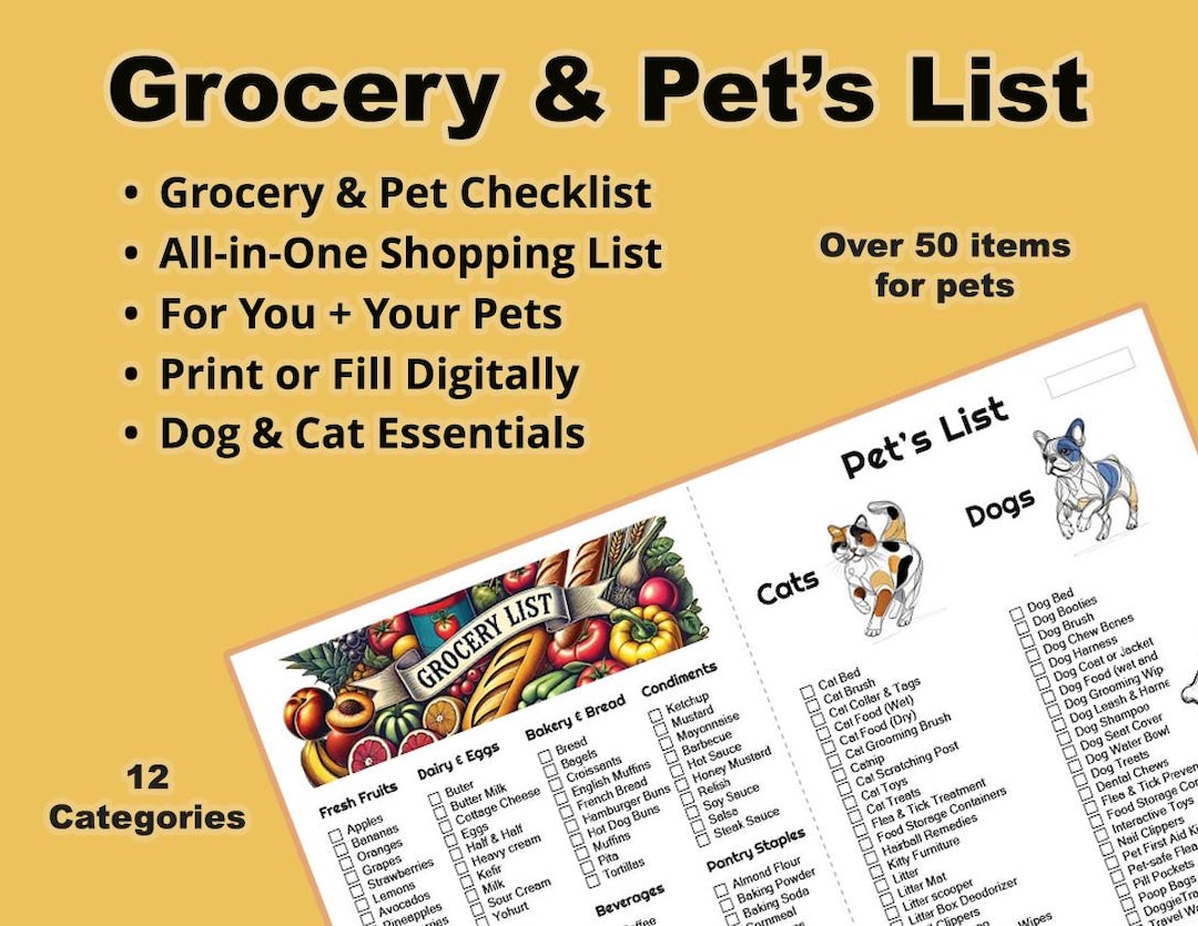 Grocery List for You + Your Cats and Dogs! Checklist With Checkboxes ...
