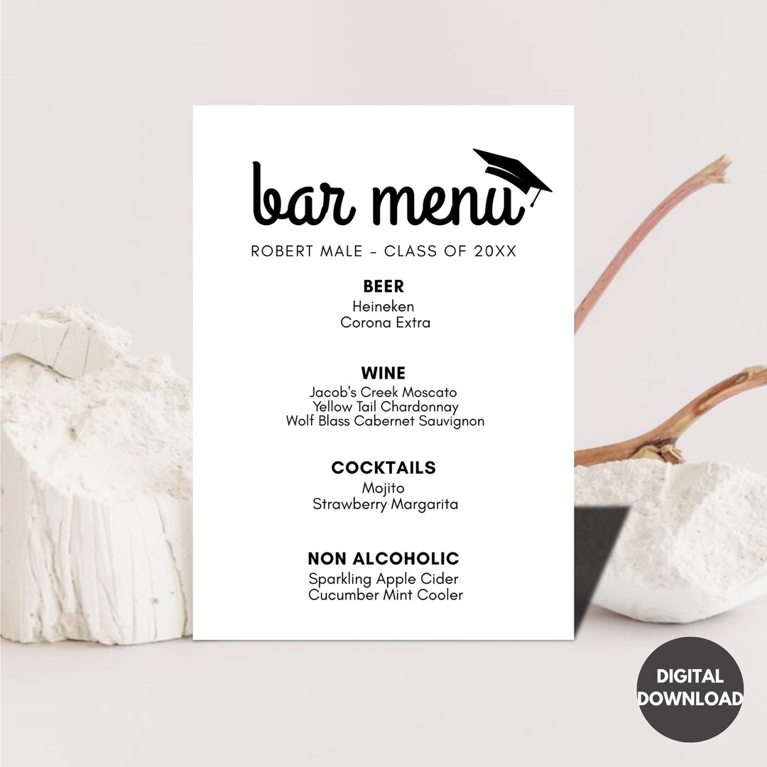 Graduation Bar Menu Sign Template, Printable Elegant Grad Party Drinks ...