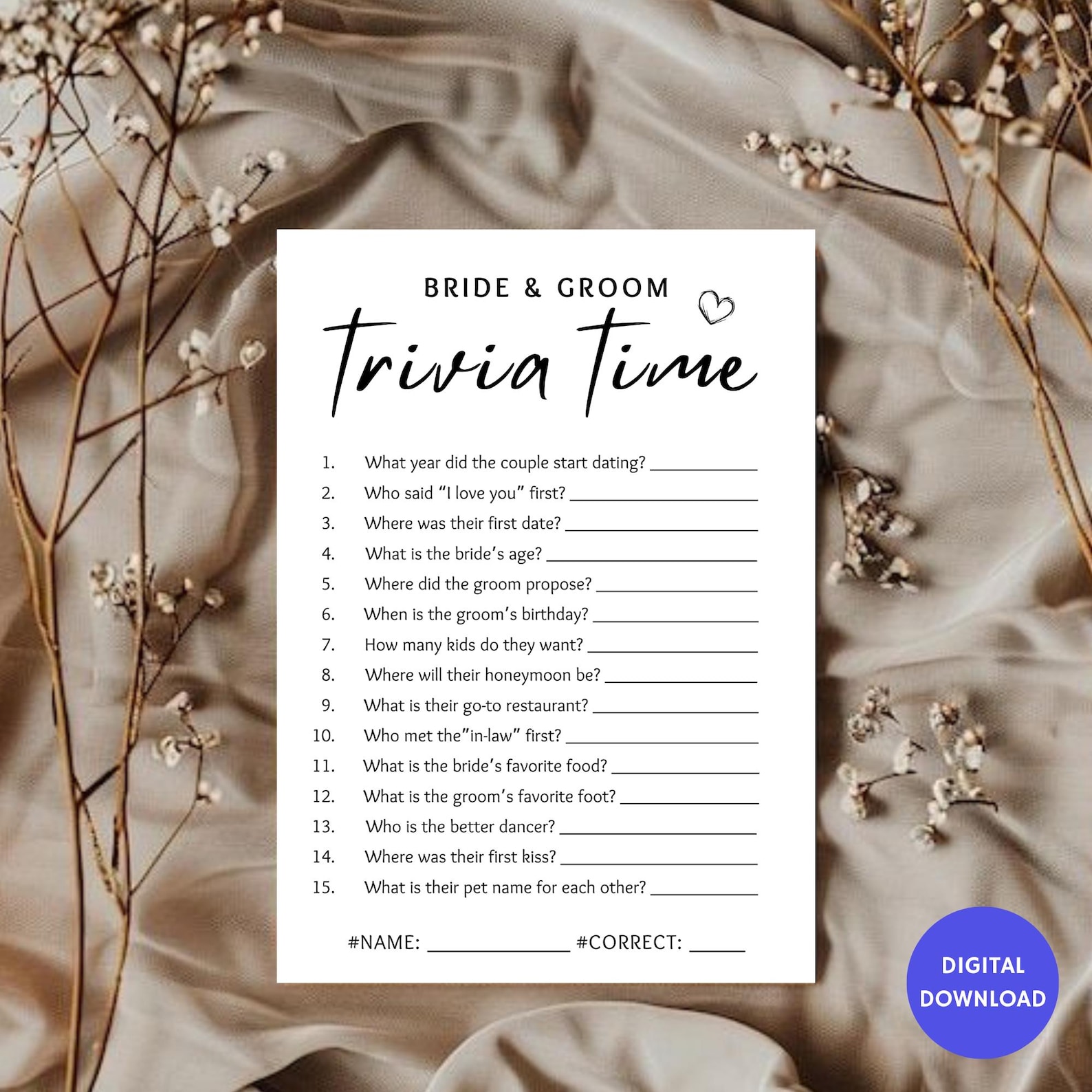 Trivia Game Wedding for Bride and Groom, Minimalist Bridal Shower Game ...