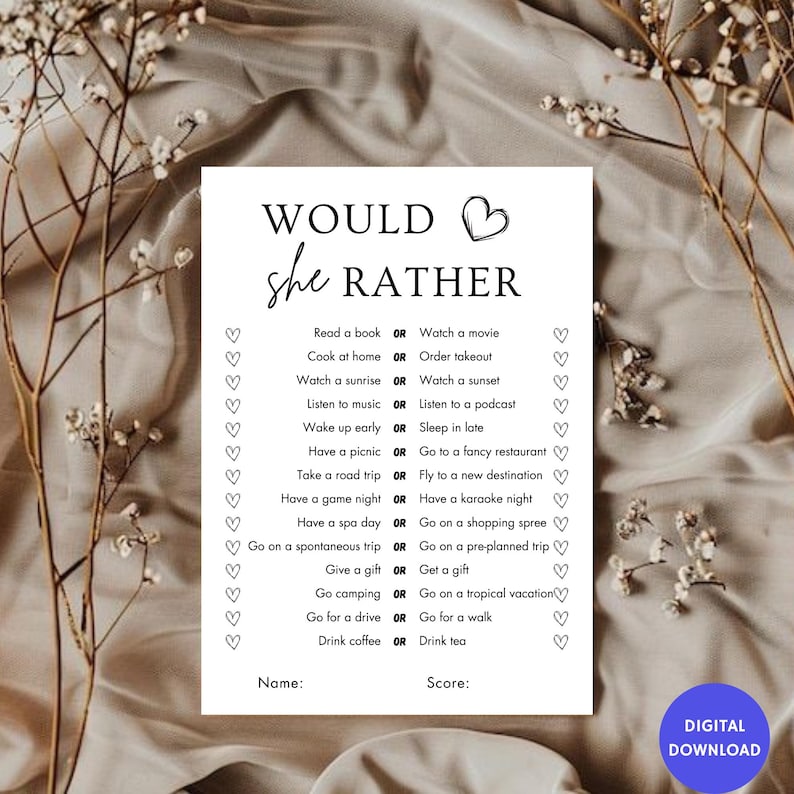 Would She Rather Bridal Shower Game Template Printable Interactive ...