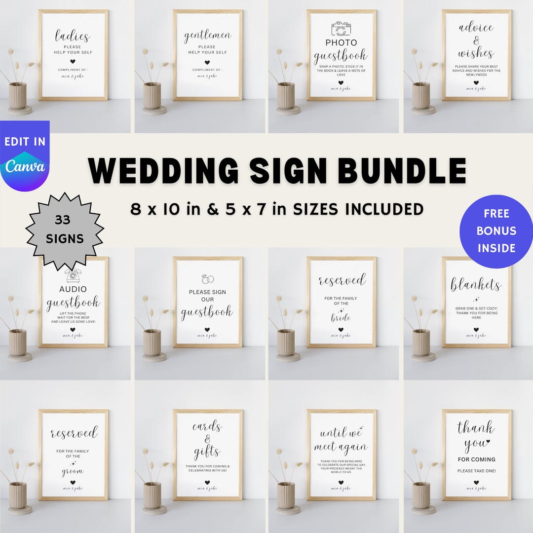 Minimalist Wedding Sign Bundle, Modern Wedding Signage Bundle, Editable ...