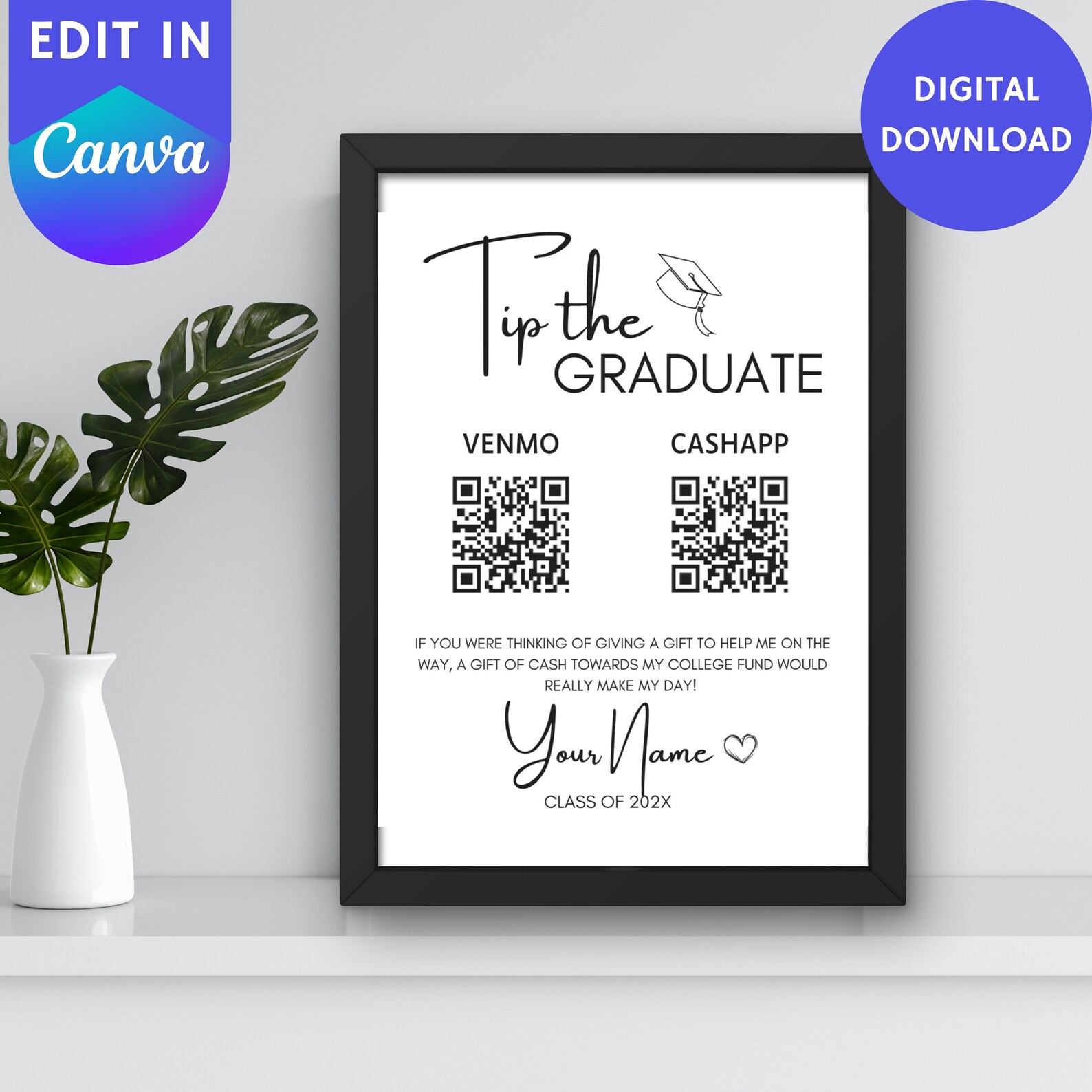 Graduation Party Sign | Graduation Gift Sign | QR Code Sign | Tip the ...