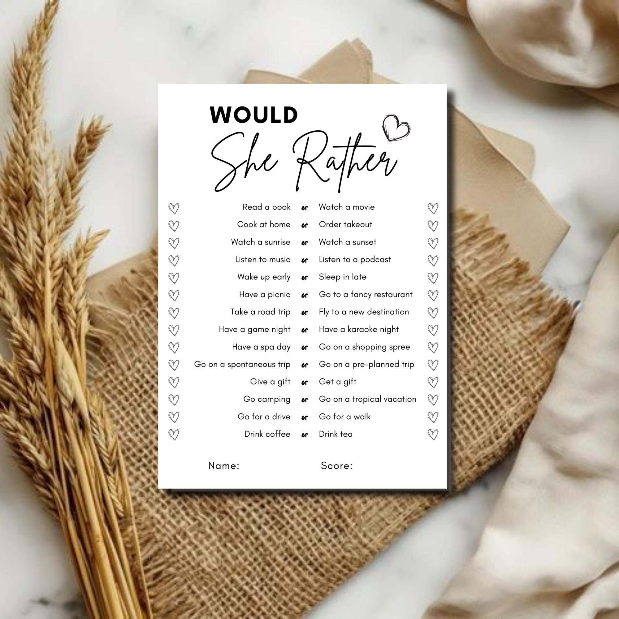Would She Rather Bridal Shower Game Template (digital Download) - Etsy