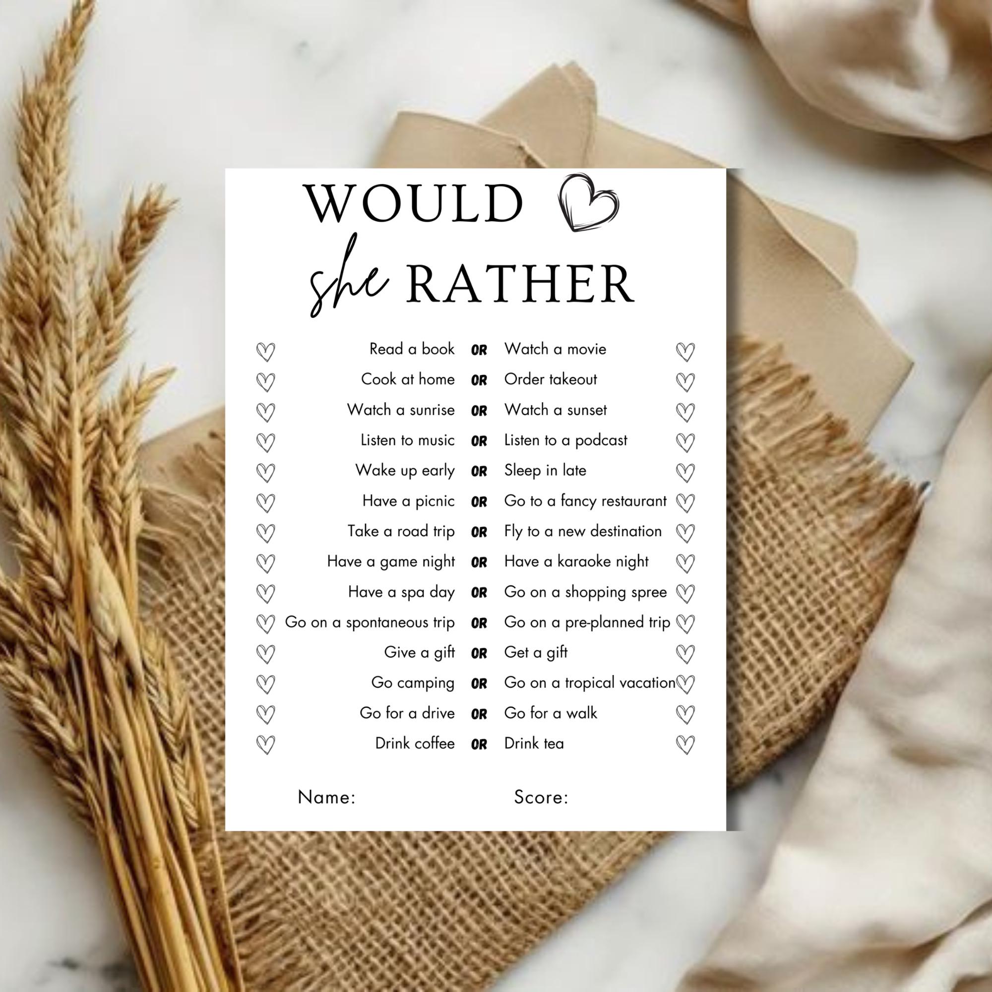 Would She Rather Bridal Shower Game Template Printable Interactive ...