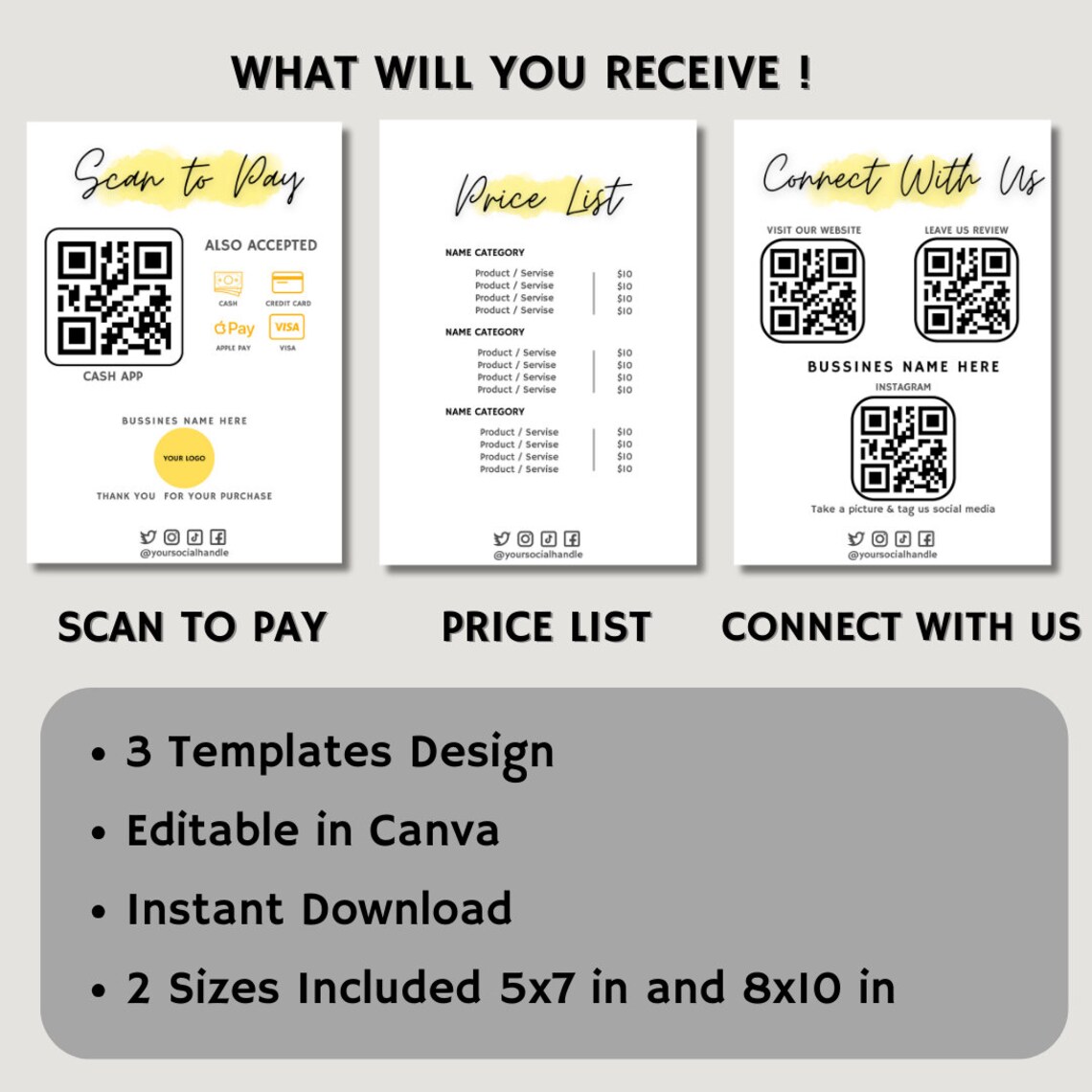 Editable Payment Sign Template Bundle, Printable Scan to Pay, Qr Code ...