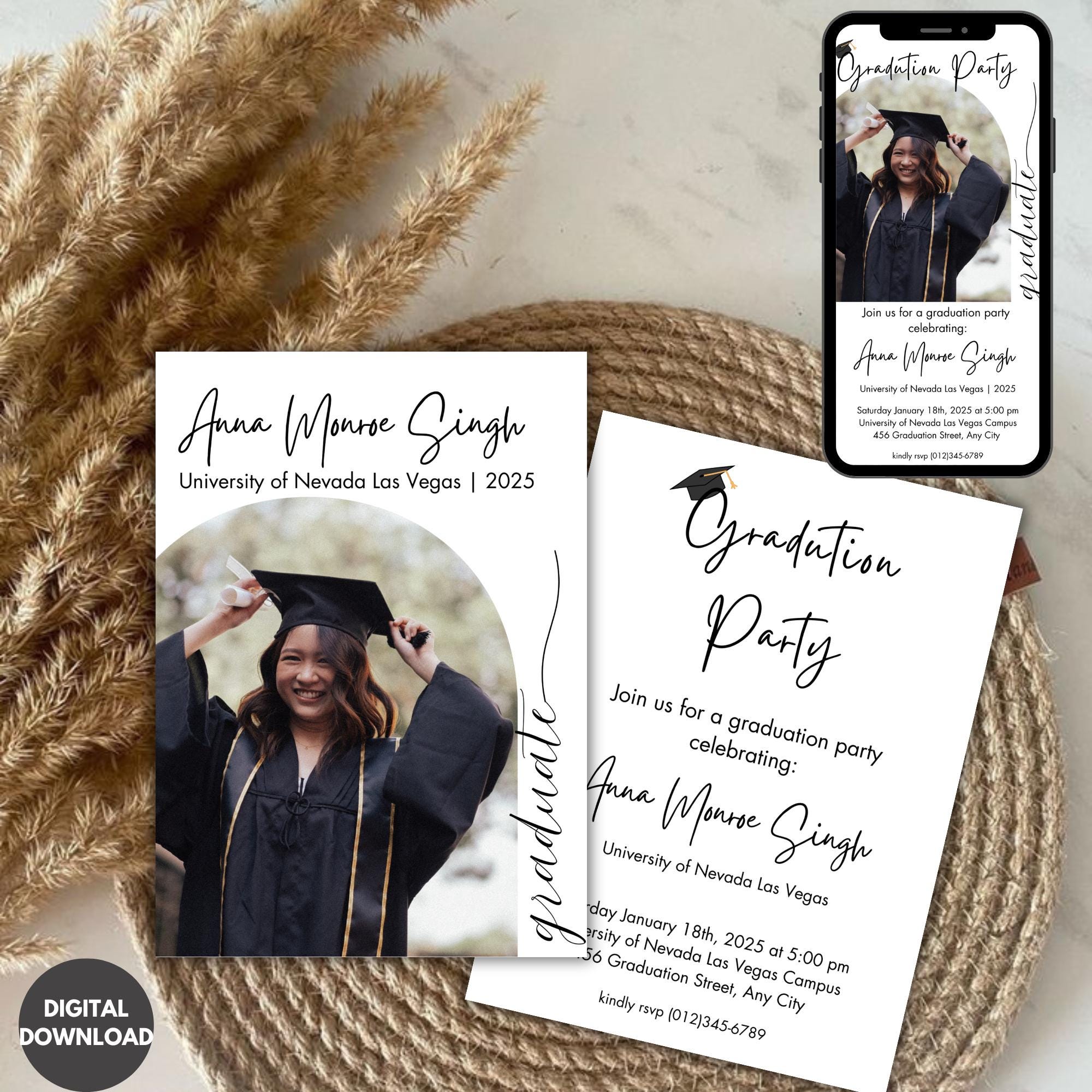 Modern Graduation Announcement Card Template, Photo Invite (digital ...