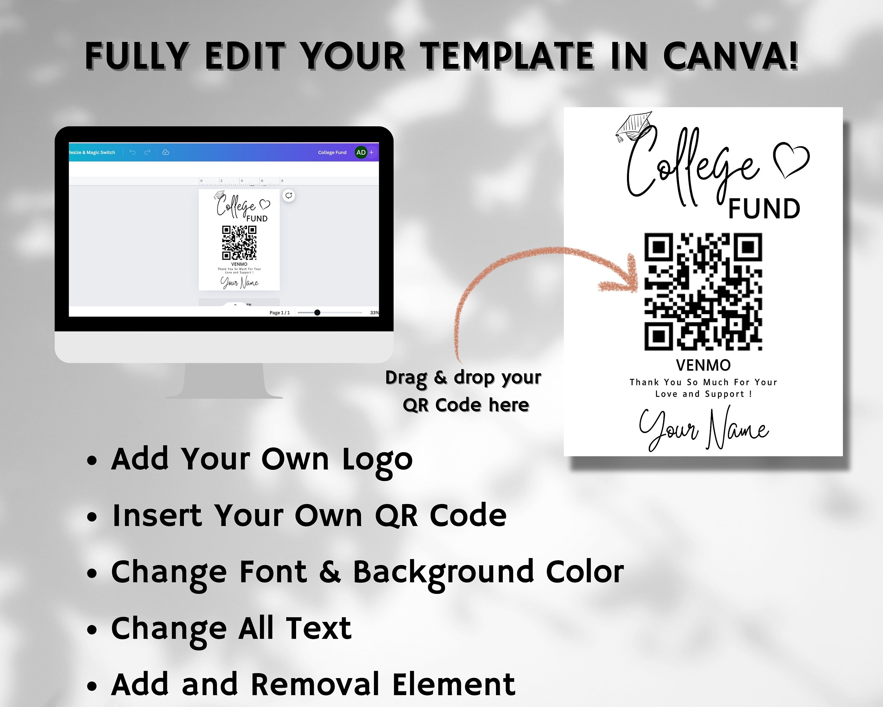 College Fund QR Code Sign Template, Modern Minimalist Graduation Party ...