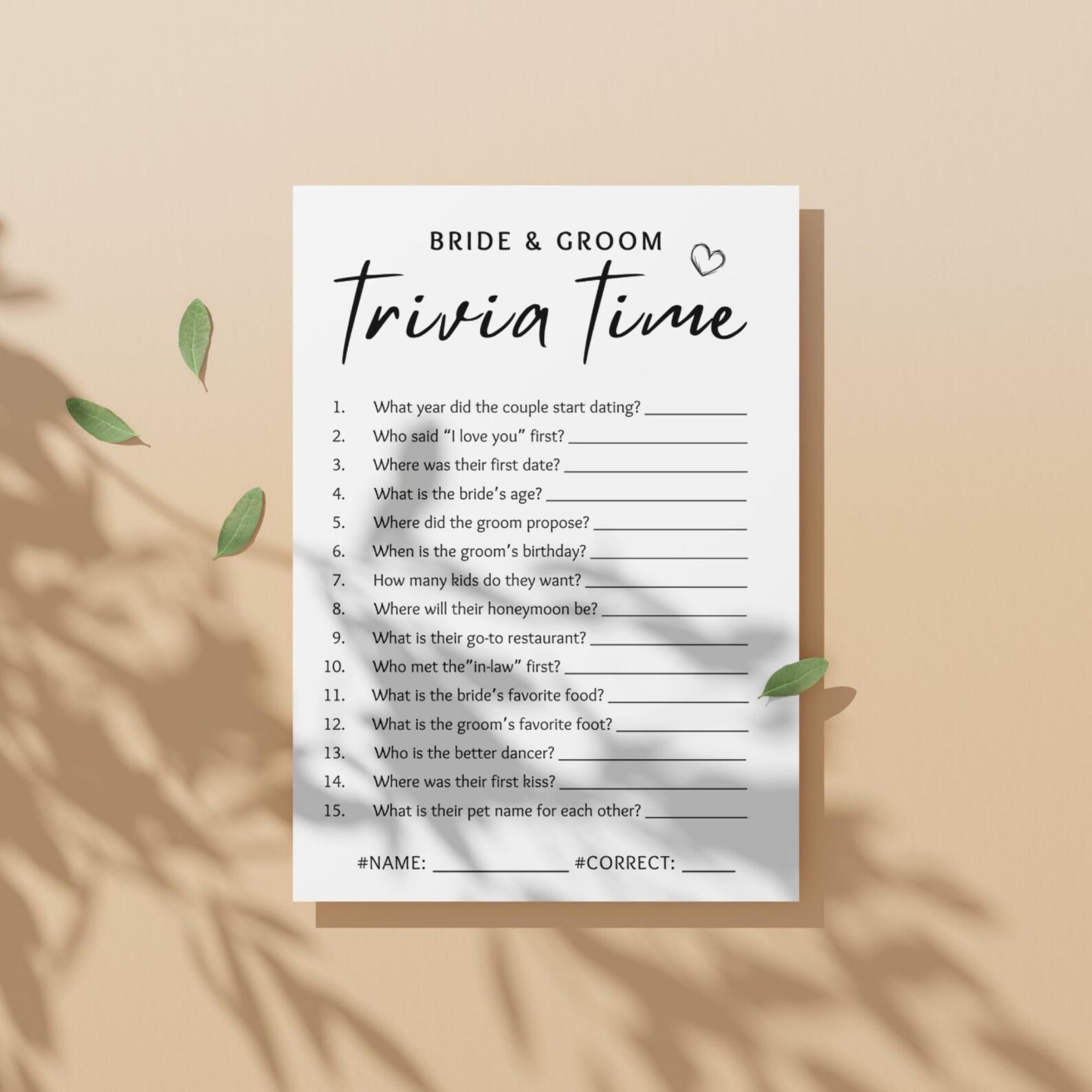 Trivia Game Wedding for Bride and Groom, Minimalist Bridal Shower Game ...