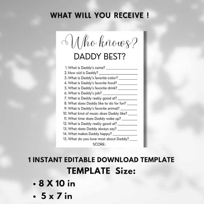 Who Knows Daddy Game, Father's Day Baby Shower, Printable Quiz (digital ...