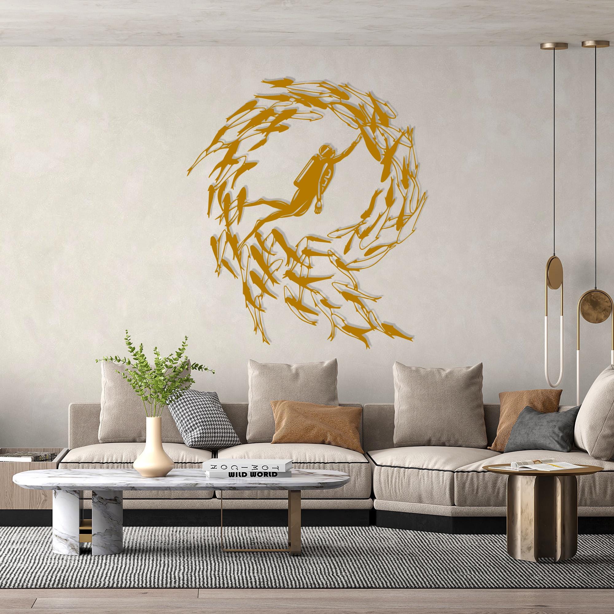 Diver Metal Wall Art, Fish and Diver Wall Decor, Swimmer Wall Art ...