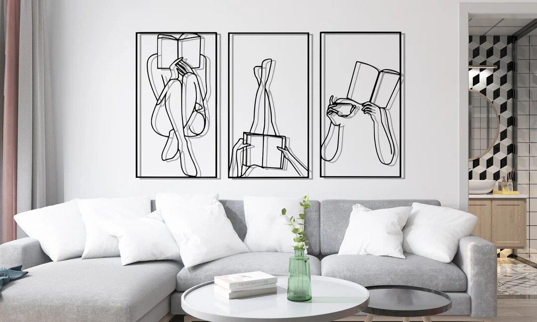 Set of 3 Woman Reading a Book Wall Art / Woman Line Art / Gift for Book ...
