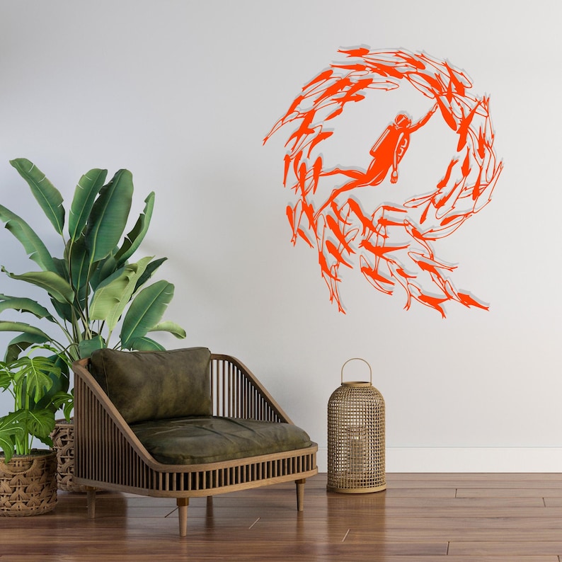 Diver Metal Wall Art, Fish and Diver Wall Decor, Swimmer Wall Art ...