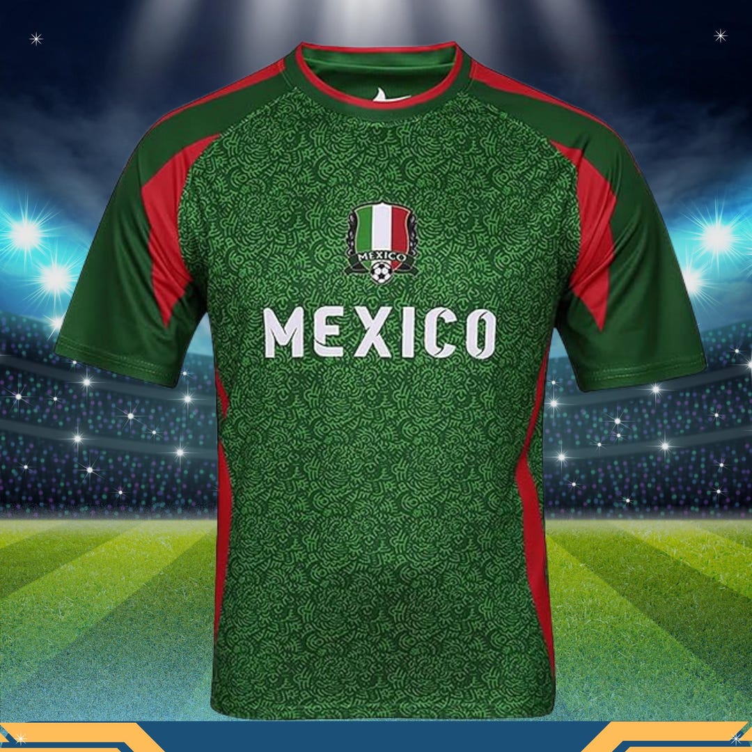 Mexico Soccer Jersey Green Aztec Pattern Red Trim Crest Logo Unisex ...