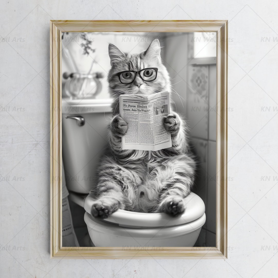 Bathroom Wall Art, Funny Cat Wall Decor, Cat in Toilet, Animal in ...