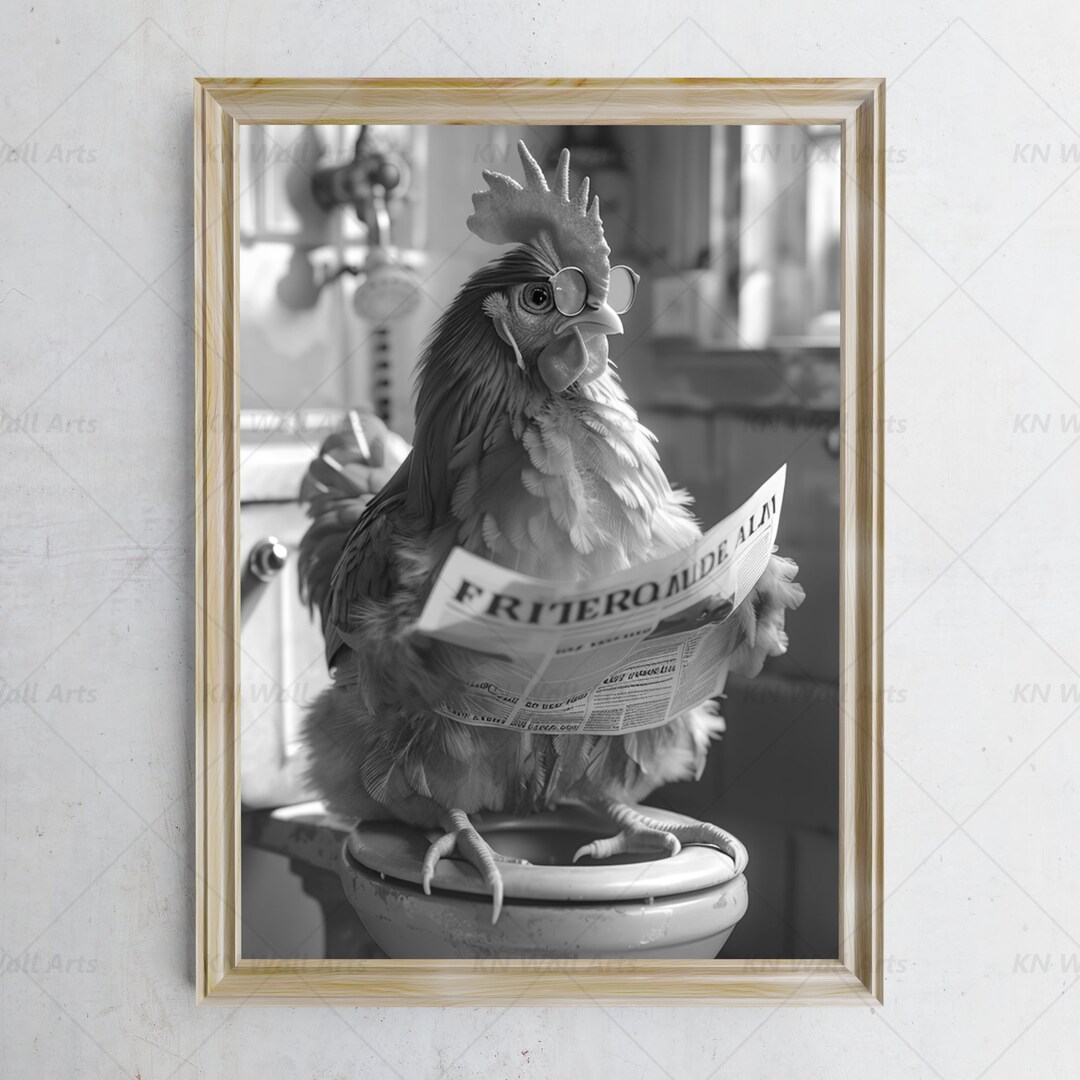 Bathroom Wall Art, Funny Chicken Wall Decor, Chicken in Toilet, Animal ...
