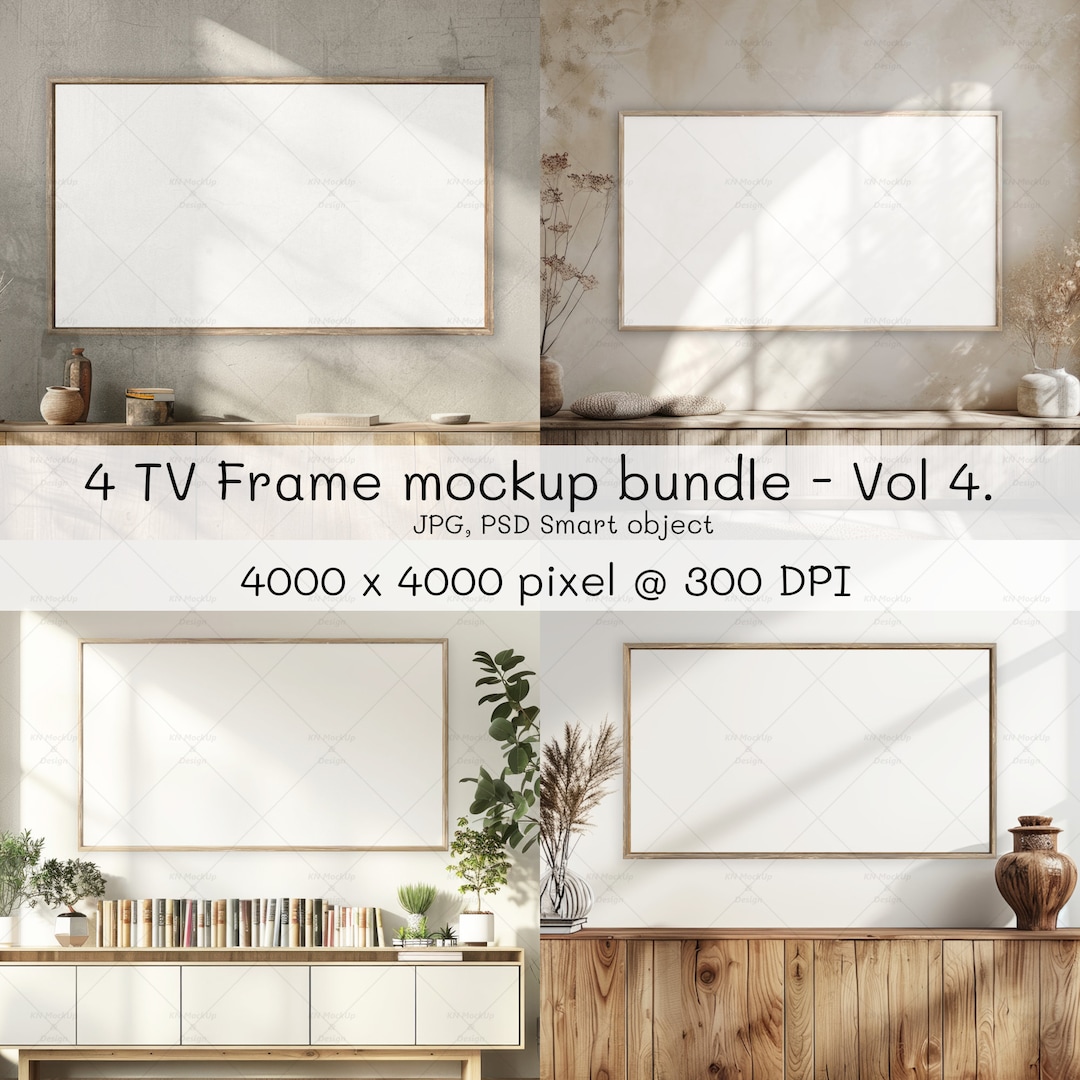 16x9 TV Frame Mockup Bundle Set of 4, Rustic Wood Frame Mock Up ...