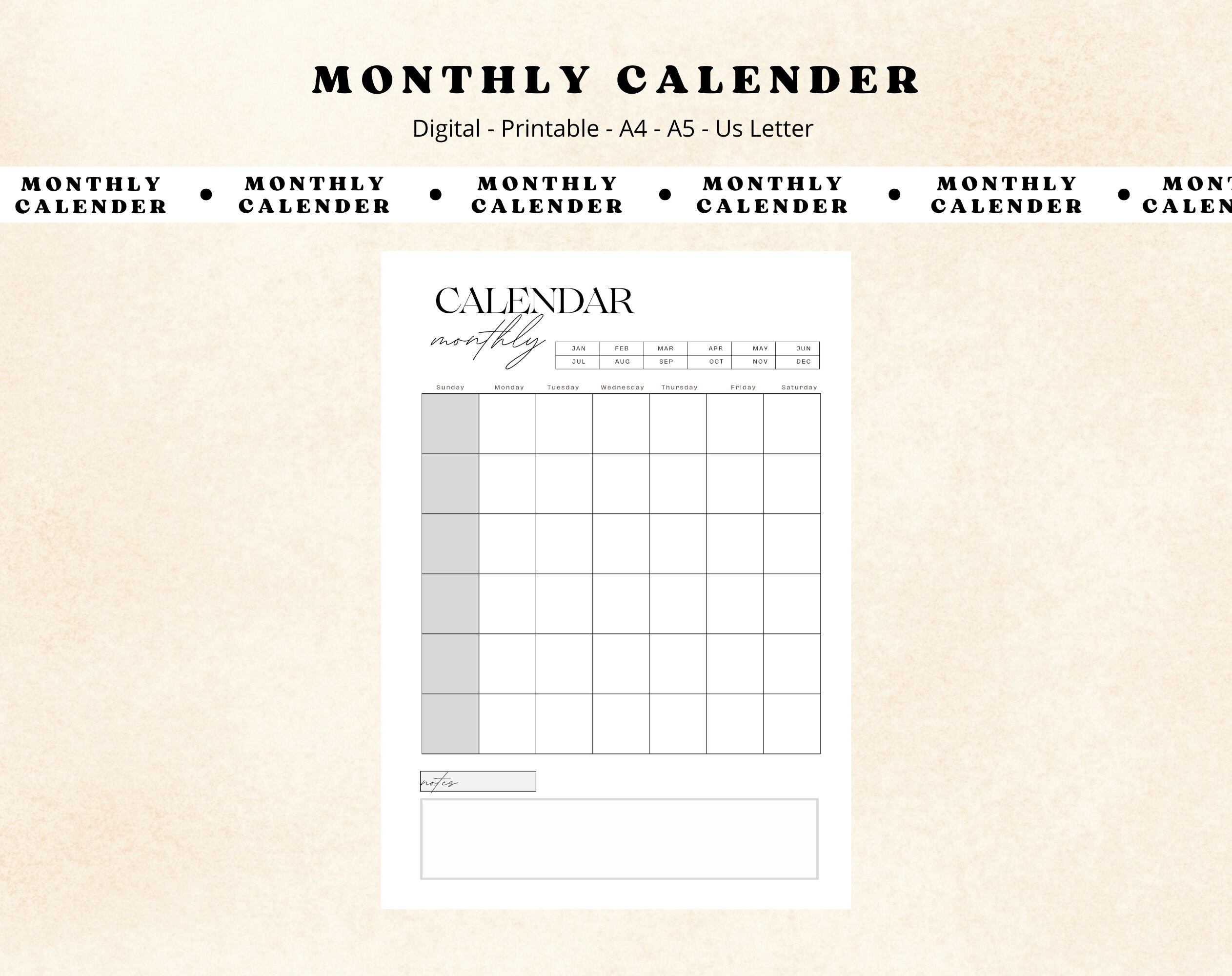 Monthly Calendar, Printable Calendar, Monthly at a Glance, Monthly ...
