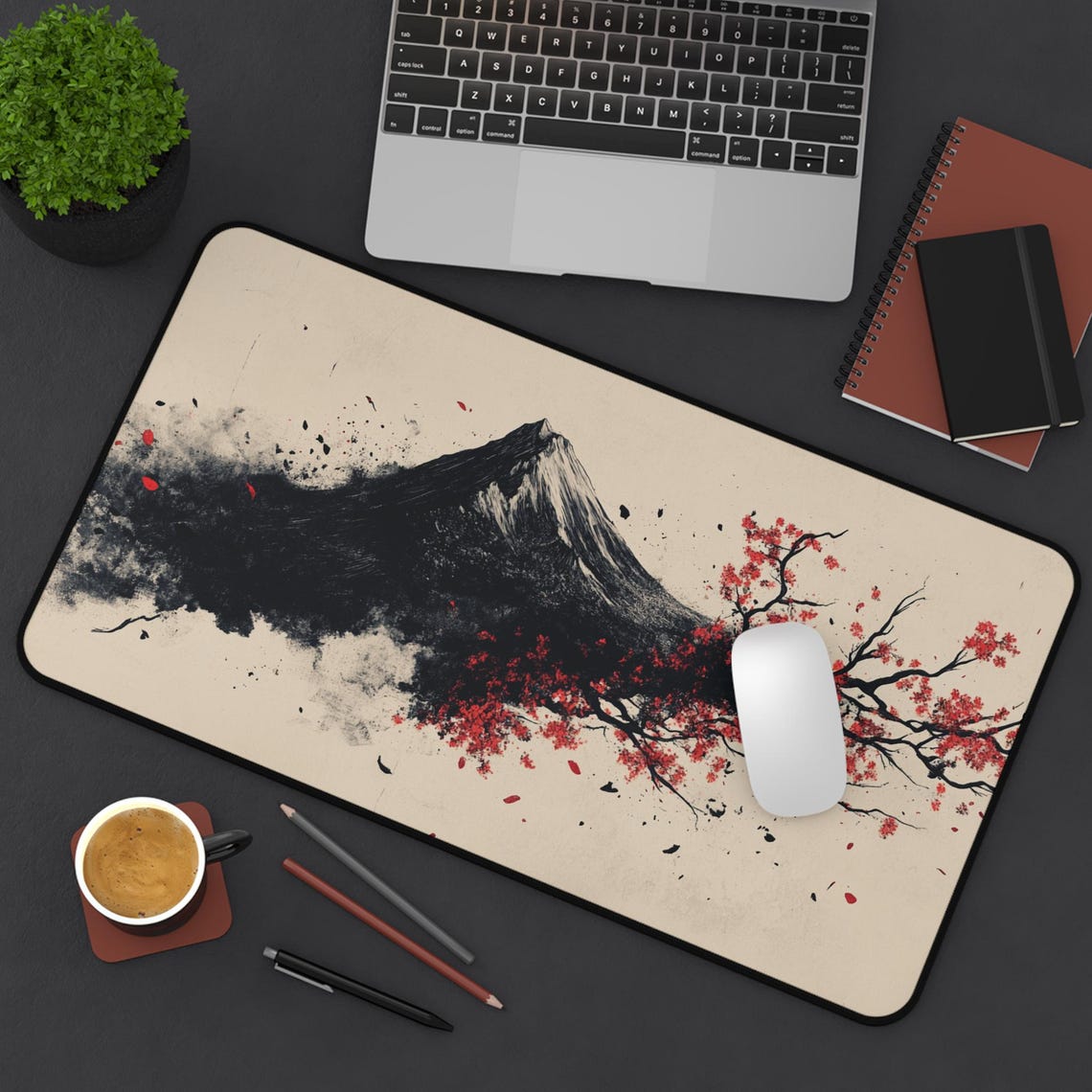 Japanese Ink Wash Mountain Desk Mat, Red Sakura Blossom XXL Mousepad ...