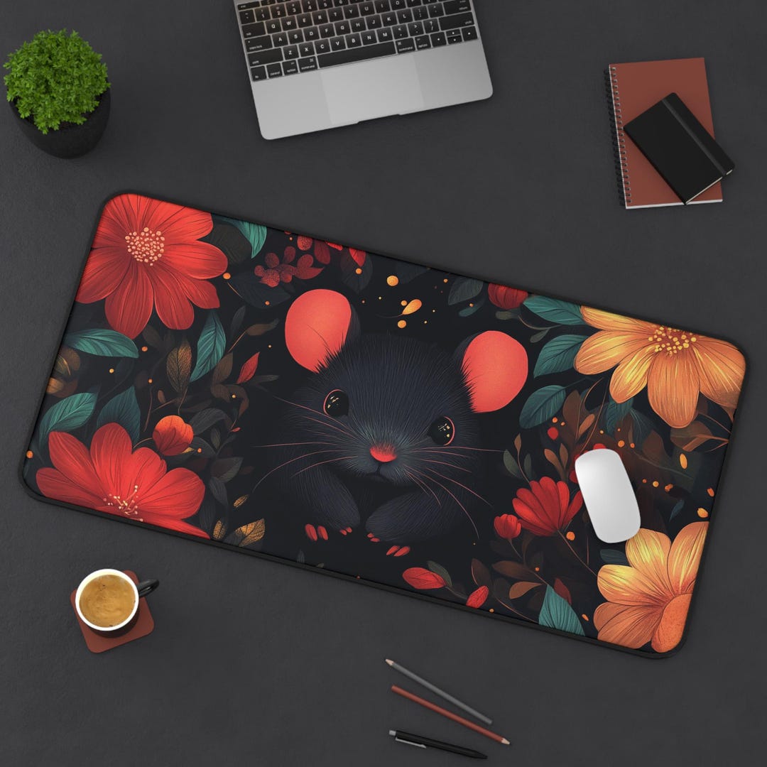 Cute Mouse Deskmat, Mouse Flower Deskmat, Floral Mousepad, Cute ...