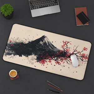 Japanese Ink Wash Mountain Desk Mat, Red Sakura Blossom XXL Mousepad ...