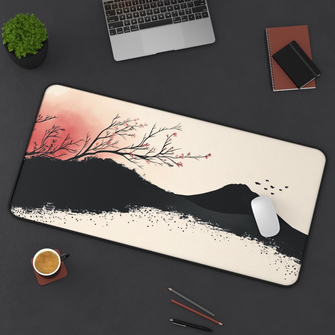 Japanese Sunrise Desk Mat, Minimalist Mountain and Cherry Blossom ...