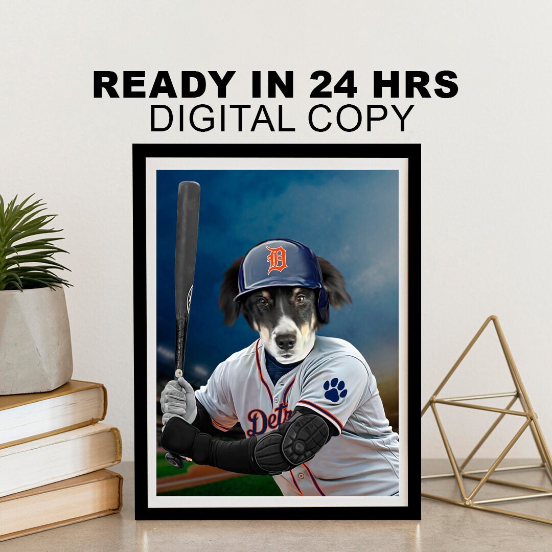 Pet as Detroit Baseball Player Poster, Digital Baseball Dog Portrait ...