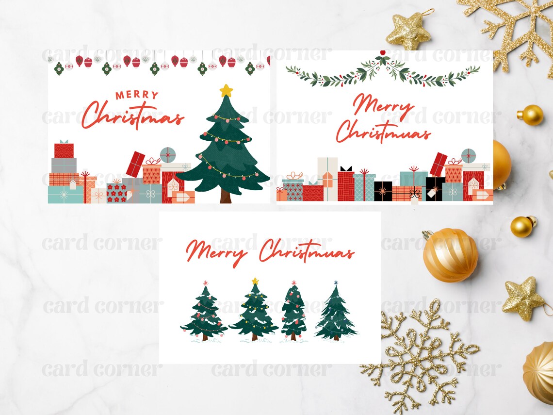 Printable Christmas Card Template Christmas Tree and Gifts Card, 3 ...