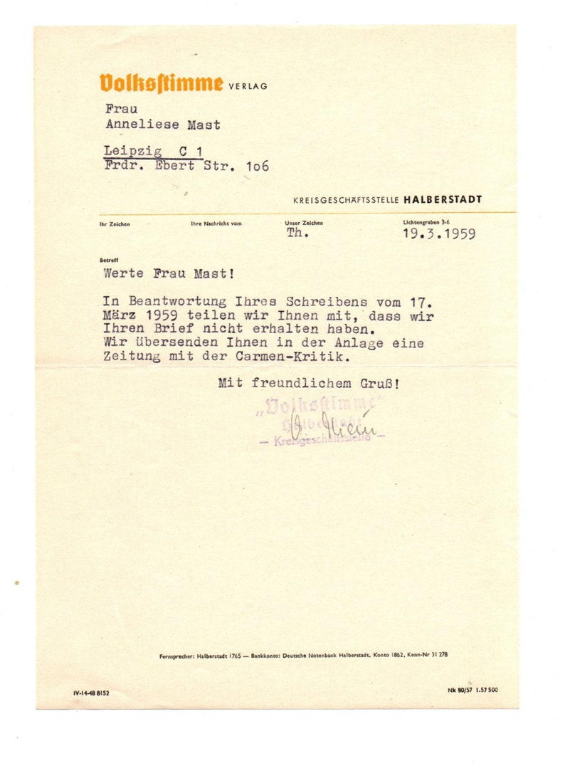 Vintage Old DDR Letter Volksstimme Verlag Halberstadt 1959 Document ...