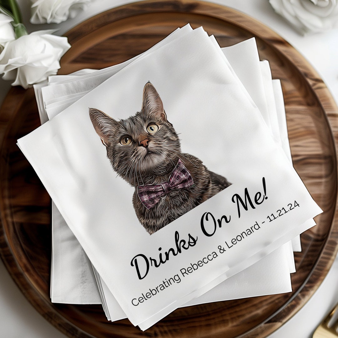 Personalized Cat Wedding Napkins Custom Pet Portrait Cocktail Napkins ...