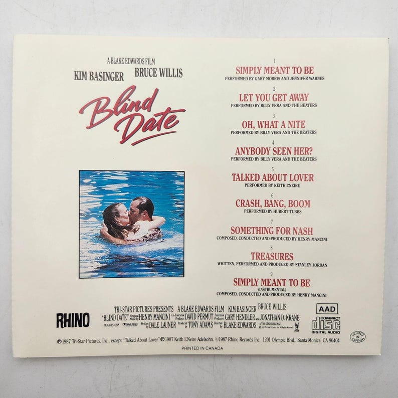 Blind Date Motion Picture Soundtrack CD 1987 Rhino Featuring Bruce ...