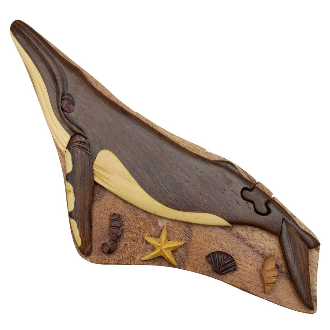 Wood Intarsia Humpback Whale Puzzle Box Secret Trinket Stash Inside ...