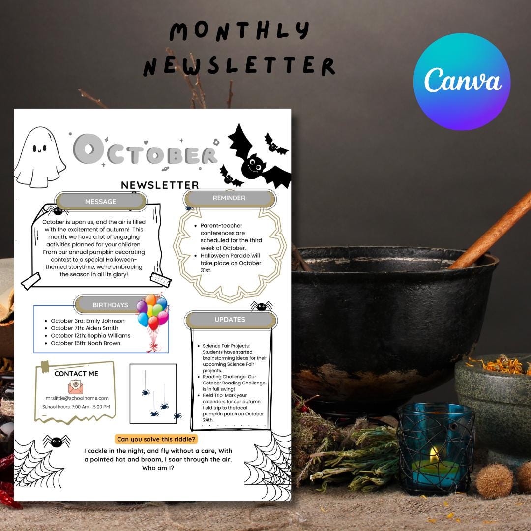 Editable October Newsletter Template for School and Classroom in Canva ...