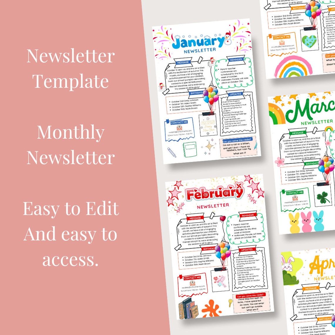 Newsletter Template, Editable Newsletter, Monthly Newsletter, School ...