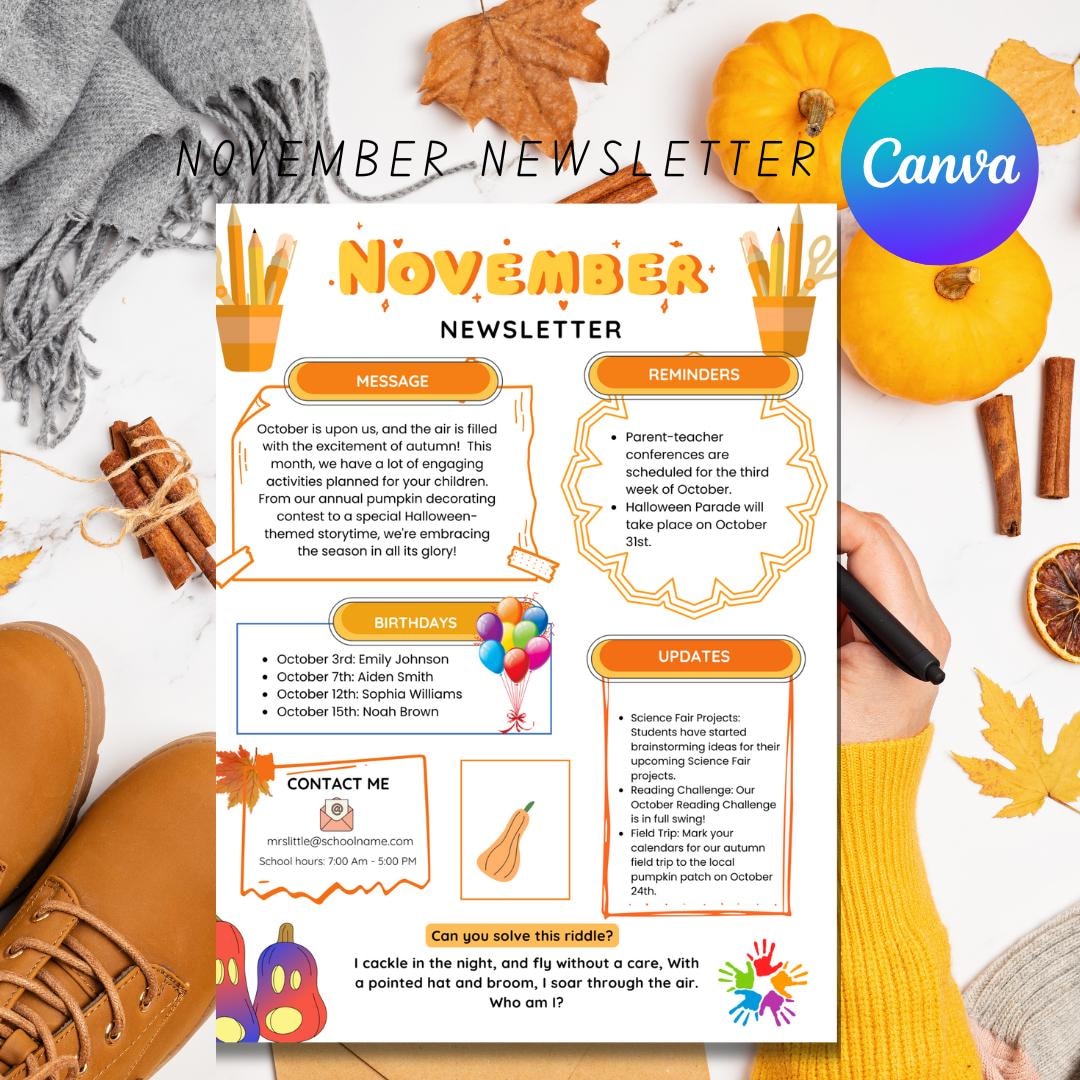 Monthly Editable November Classroom Newsletter for Teachers Canva ...